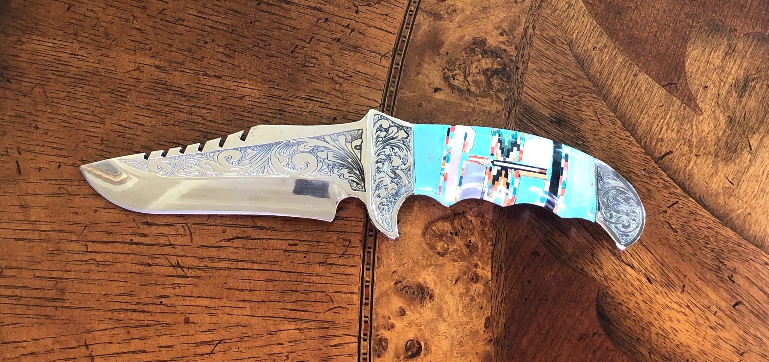 Southwestern Inlay Knife With Leather Sheath- Turquoise Inlay Knife ...