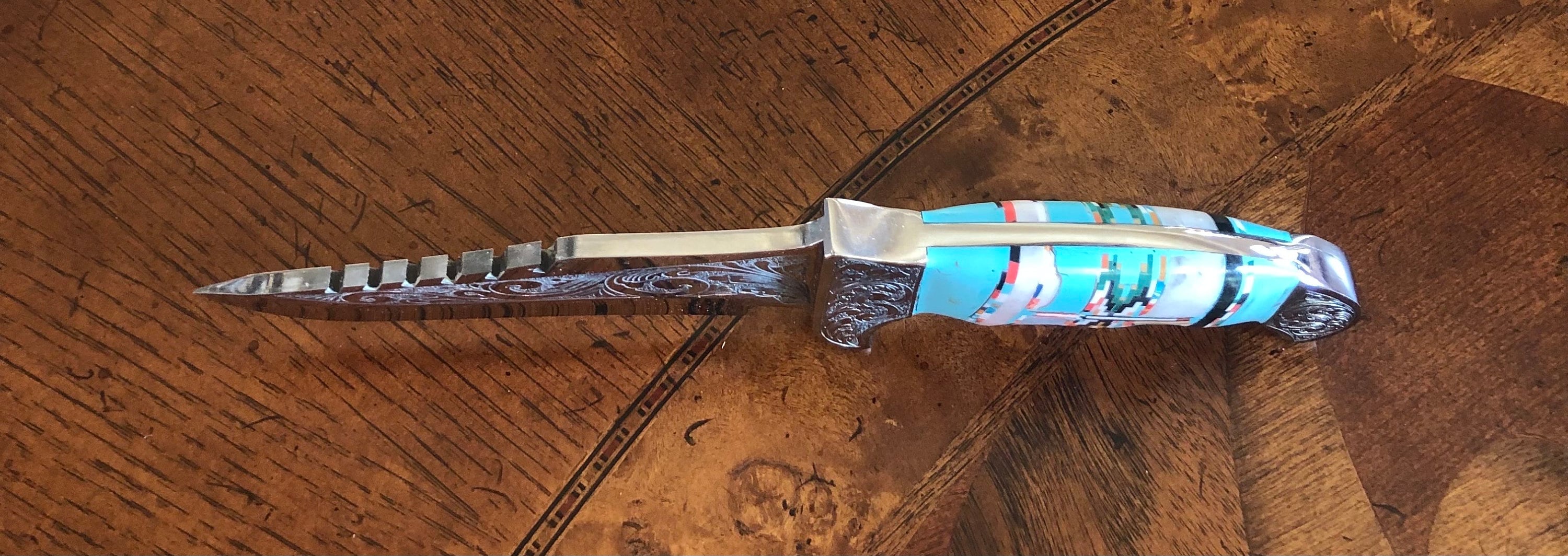 Southwestern Inlay Knife With Leather Sheath- Turquoise Inlay Knife ...
