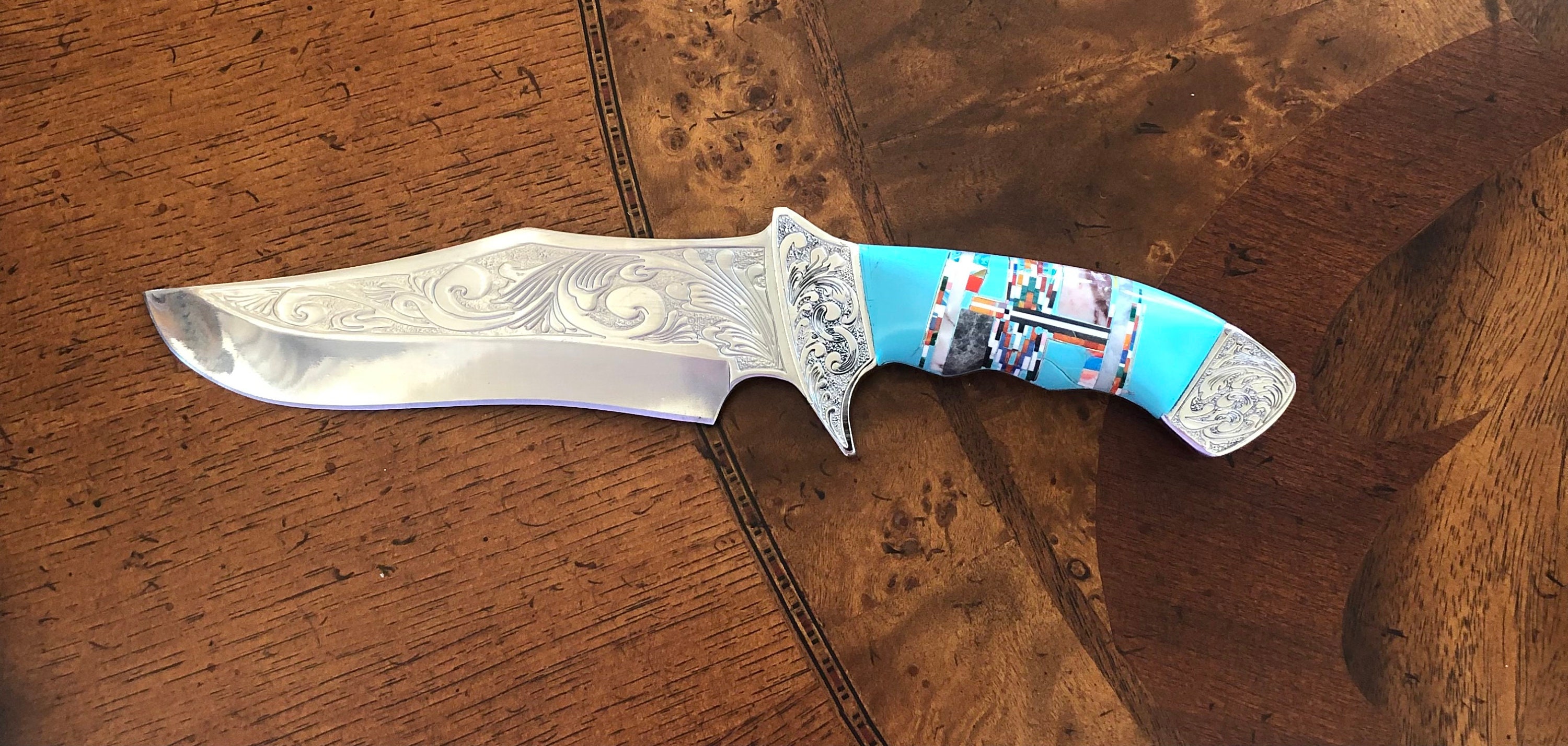 Southwestern Inlay Knife With Leather Sheath- Turquoise Inlay Knife ...