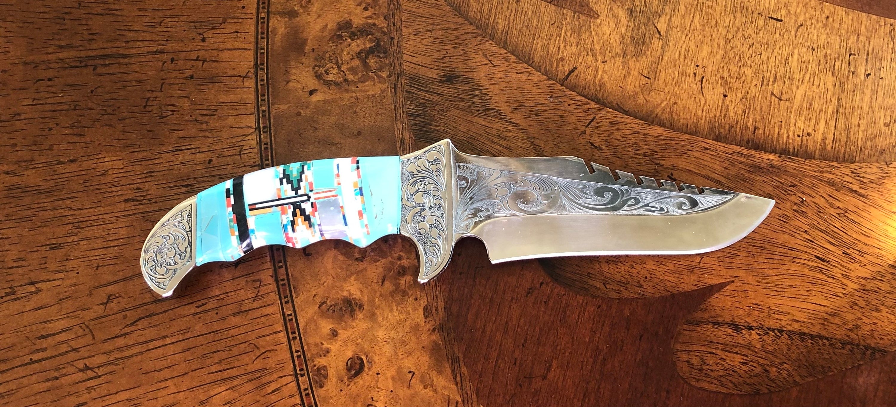 Southwestern Inlay Knife With Leather Sheath- Turquoise Inlay Knife ...