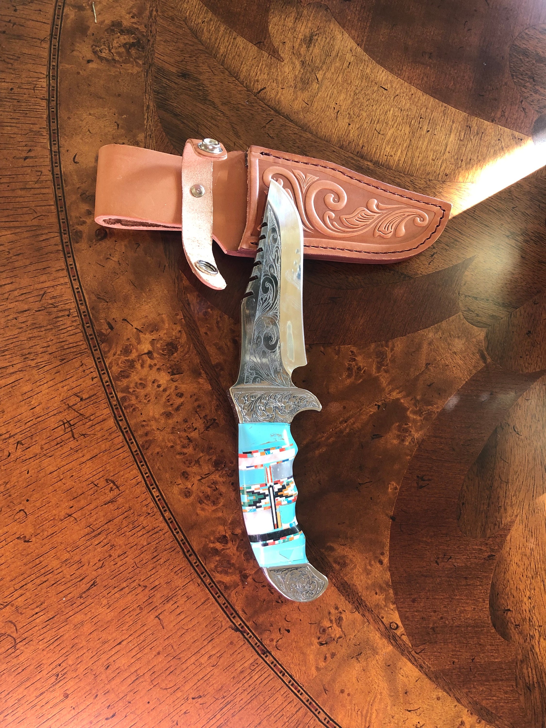 Southwestern Inlay Knife With Leather Sheath- Turquoise Inlay Knife ...