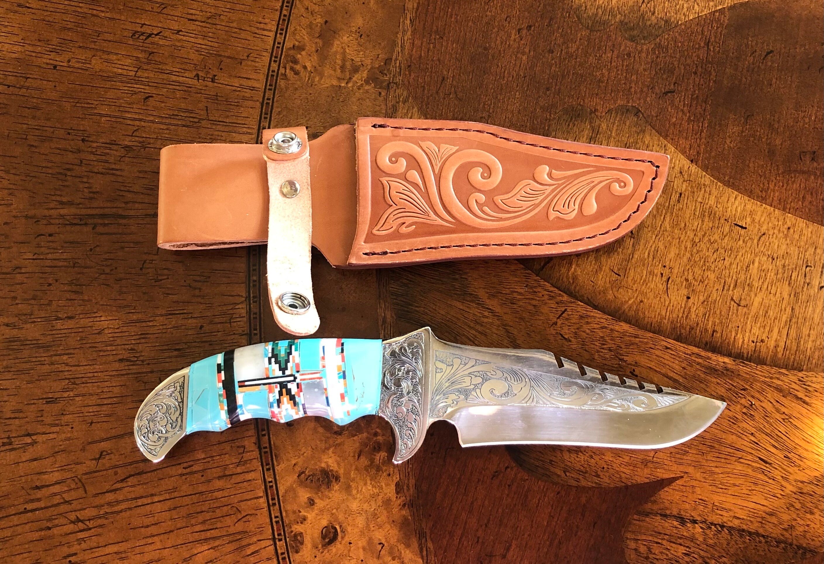 Southwestern Inlay Knife With Leather Sheath- Turquoise Inlay Knife ...