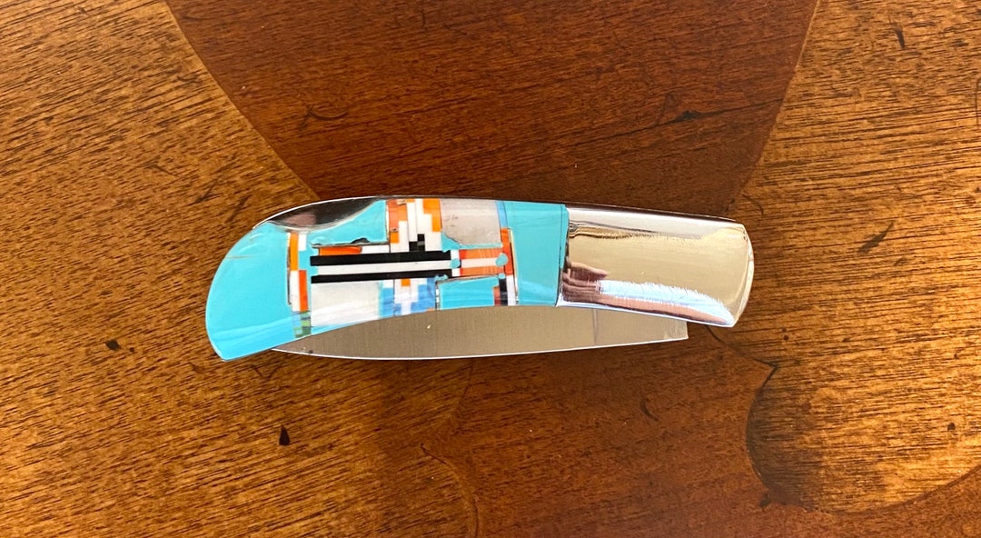 Turquoise Inlay Knife With Multi Stones - Micro Inlayed Knife ...