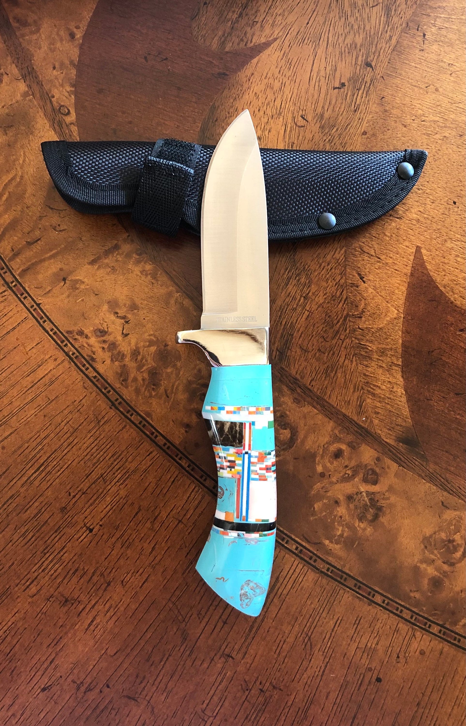 Inlay Pocket Knife With Black Sheath- Turquoise Inlay Knife With Multi ...