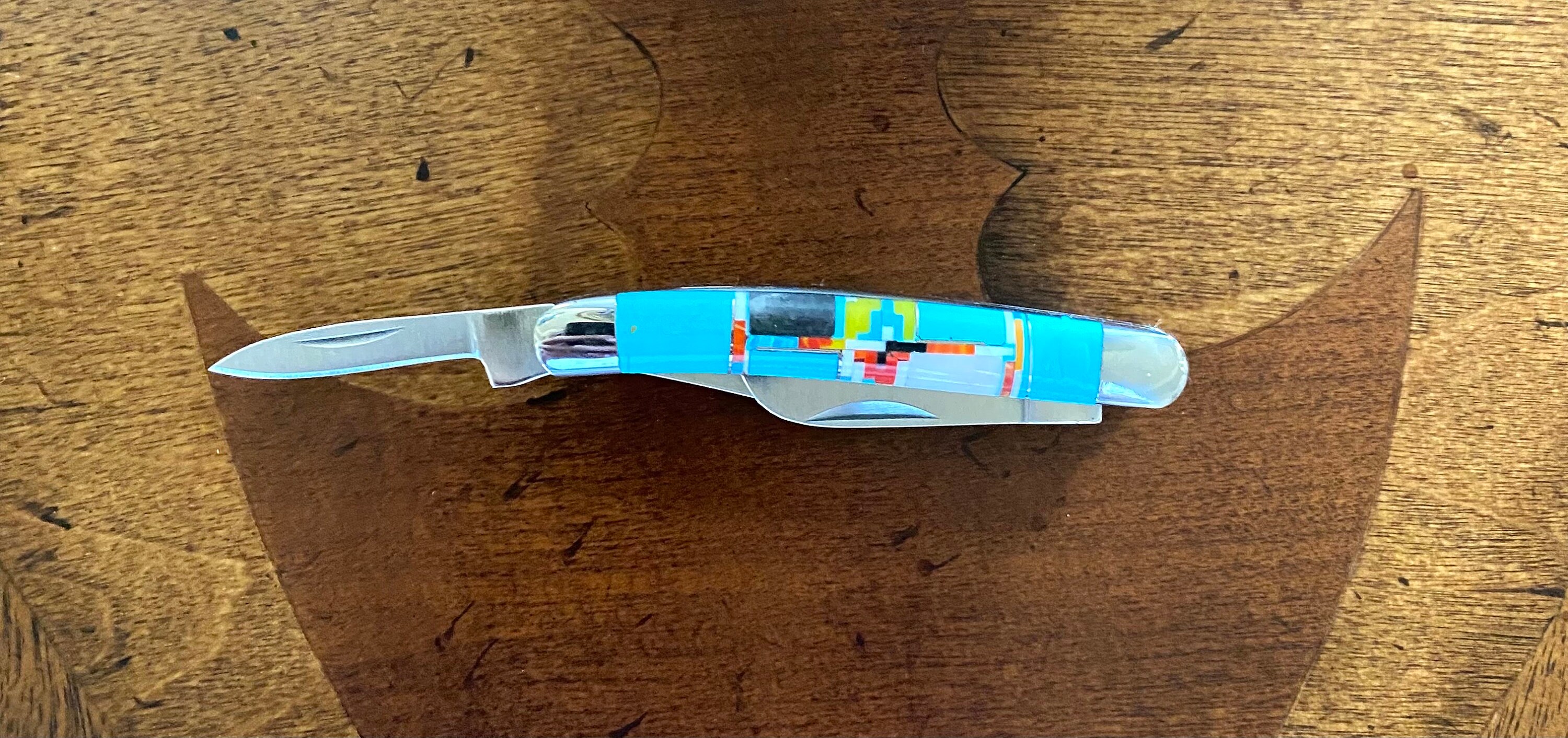 Small Three Bladed Turquoise Inlay Pocket Knife With Multi Stones ...