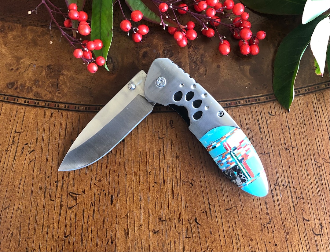 Turquoise Inlay Pocket Clip Knife With Multi Stones - Micro Inlayed ...