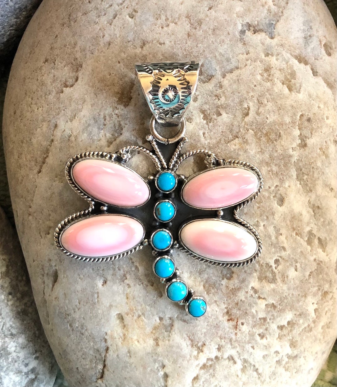 Pink Conch Shell Butterfly Pendant Natural Pink Conch & Turquoise ...