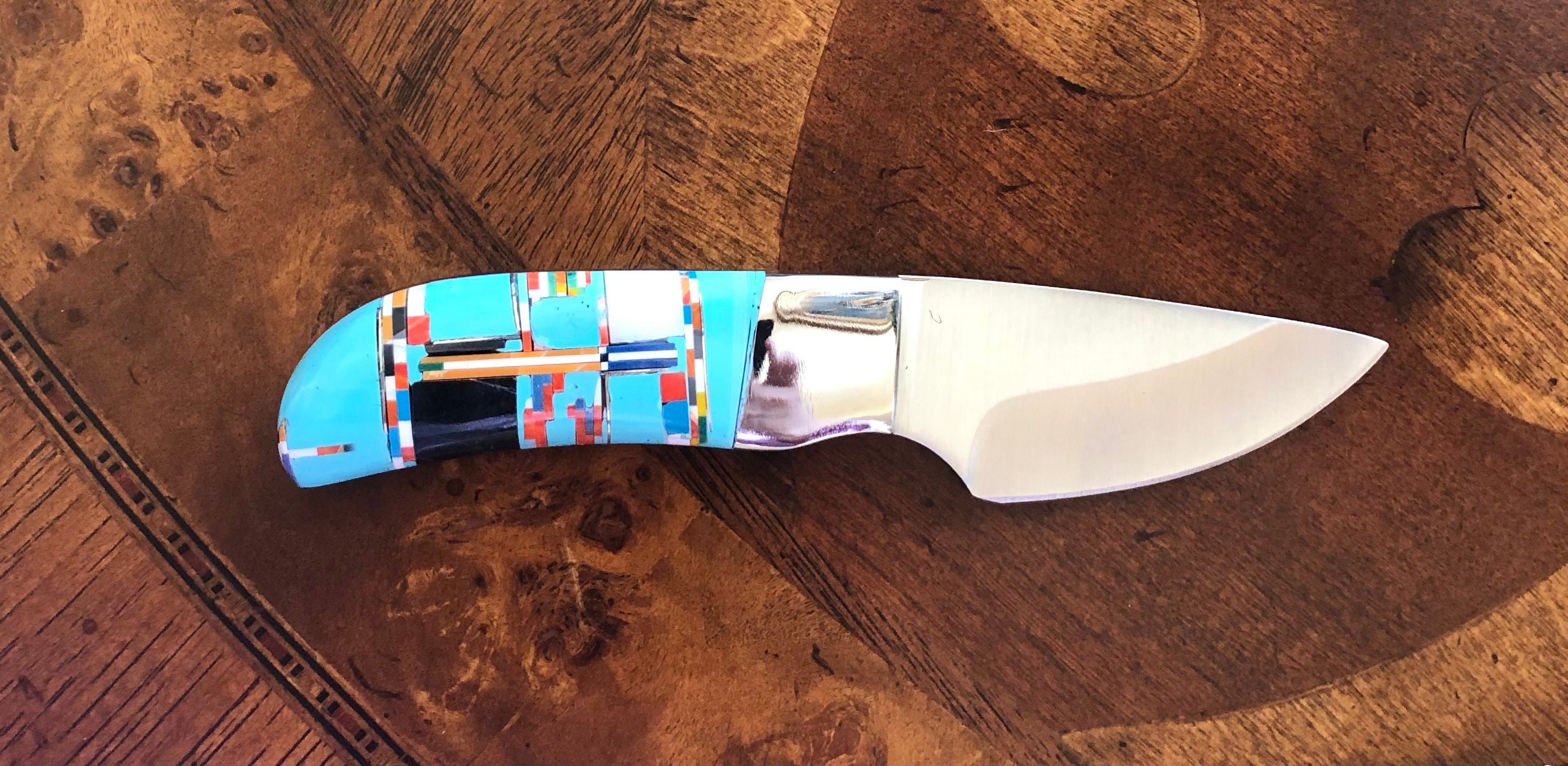 Inlay Pocket Knife With Black Sheath- Inlay Turquoise Knife With Multi ...