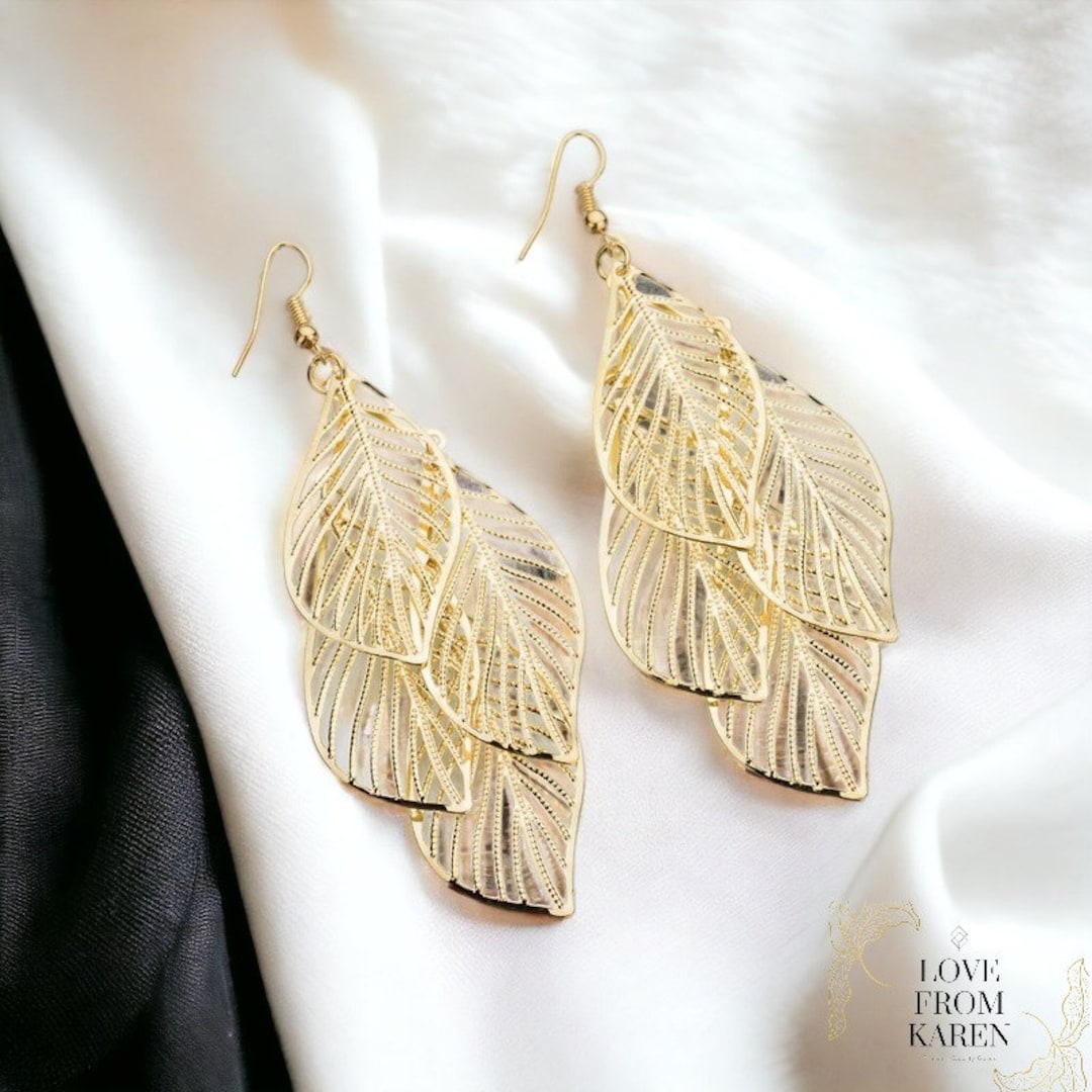 Gold Leaf Dangle Drop Flower Earrings, Golden Floral Earrings, Layered ...