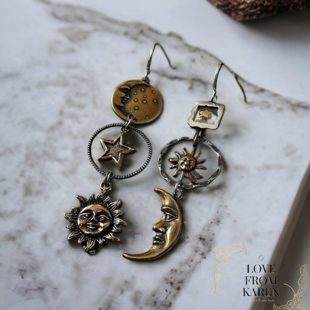 Sun and Moon Earrings,rustic Star Sun and Moon Dangle Earrings, Geometric Earrings, Womens ...