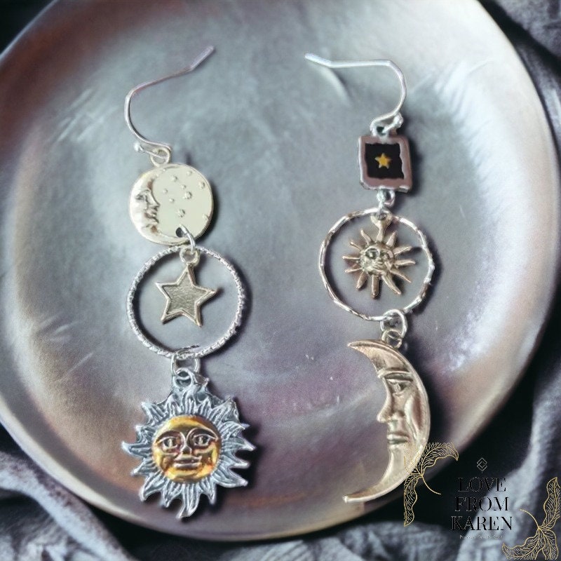 Star,sun and Moon Earrings,sun and Moon Earrings,rustic Star Sun and ...
