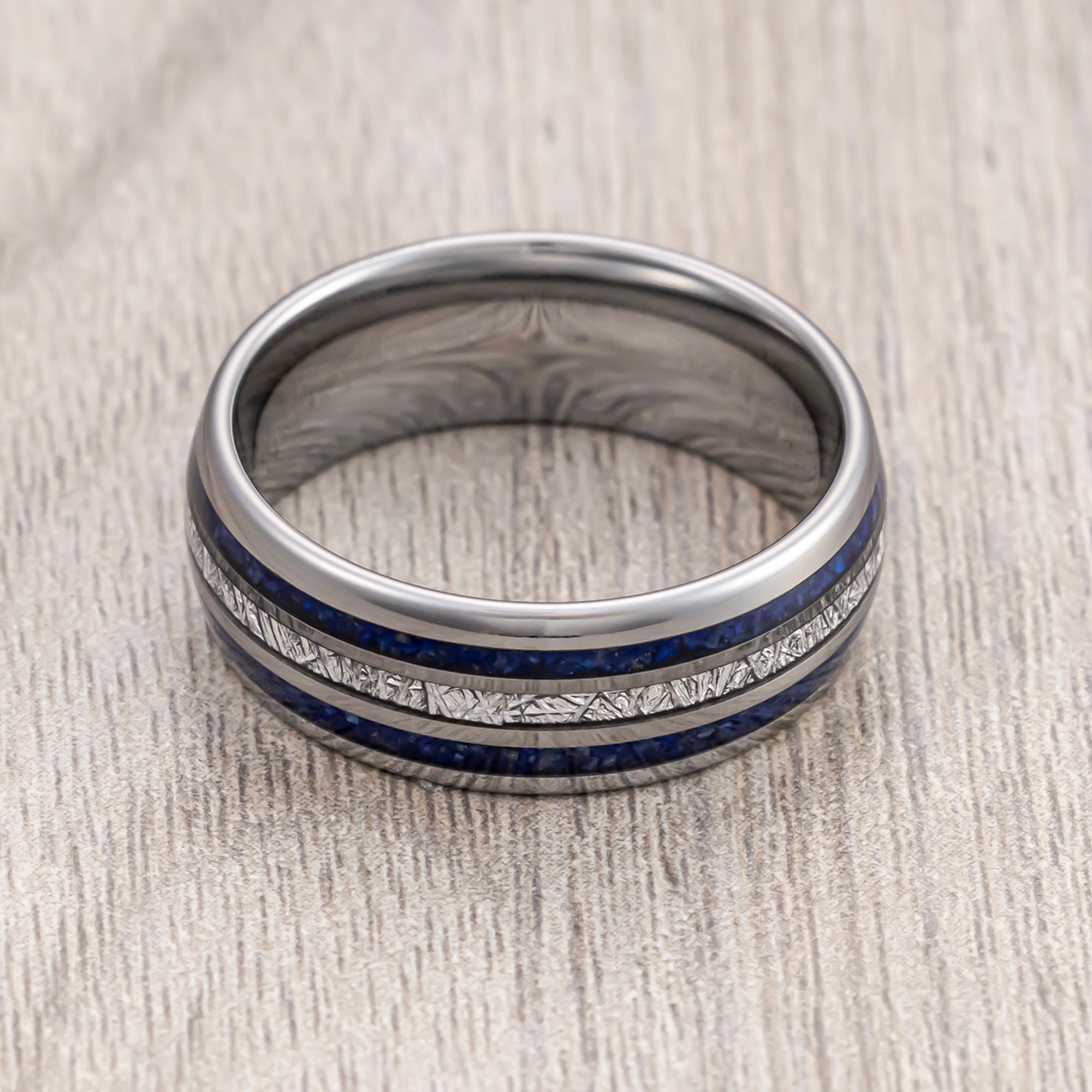 Men's Silver Tungsten Carbide Meteorite Ring, W/ Lapis Lazuli Inlay ...