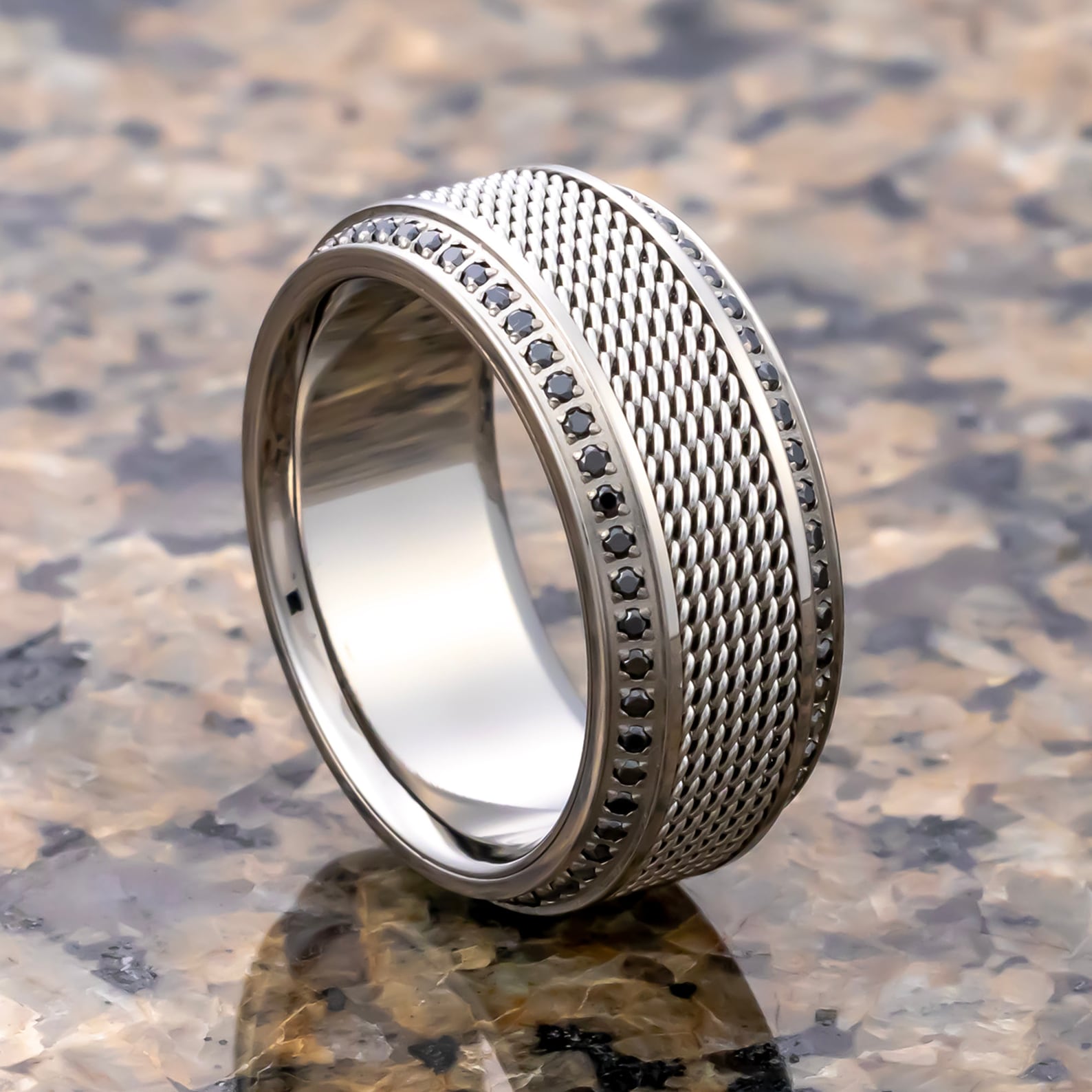GAUNTLET Steel Chain Titanium Wedding Ring Polished Beveled Edges Set ...