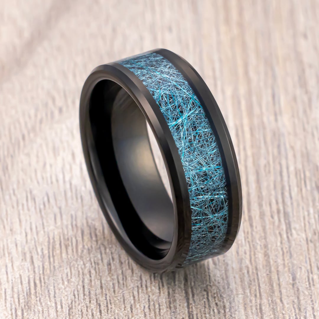 Men's Tungsten Wedding Band, Blue Silk Thread Inlay Ring, Engagement ...