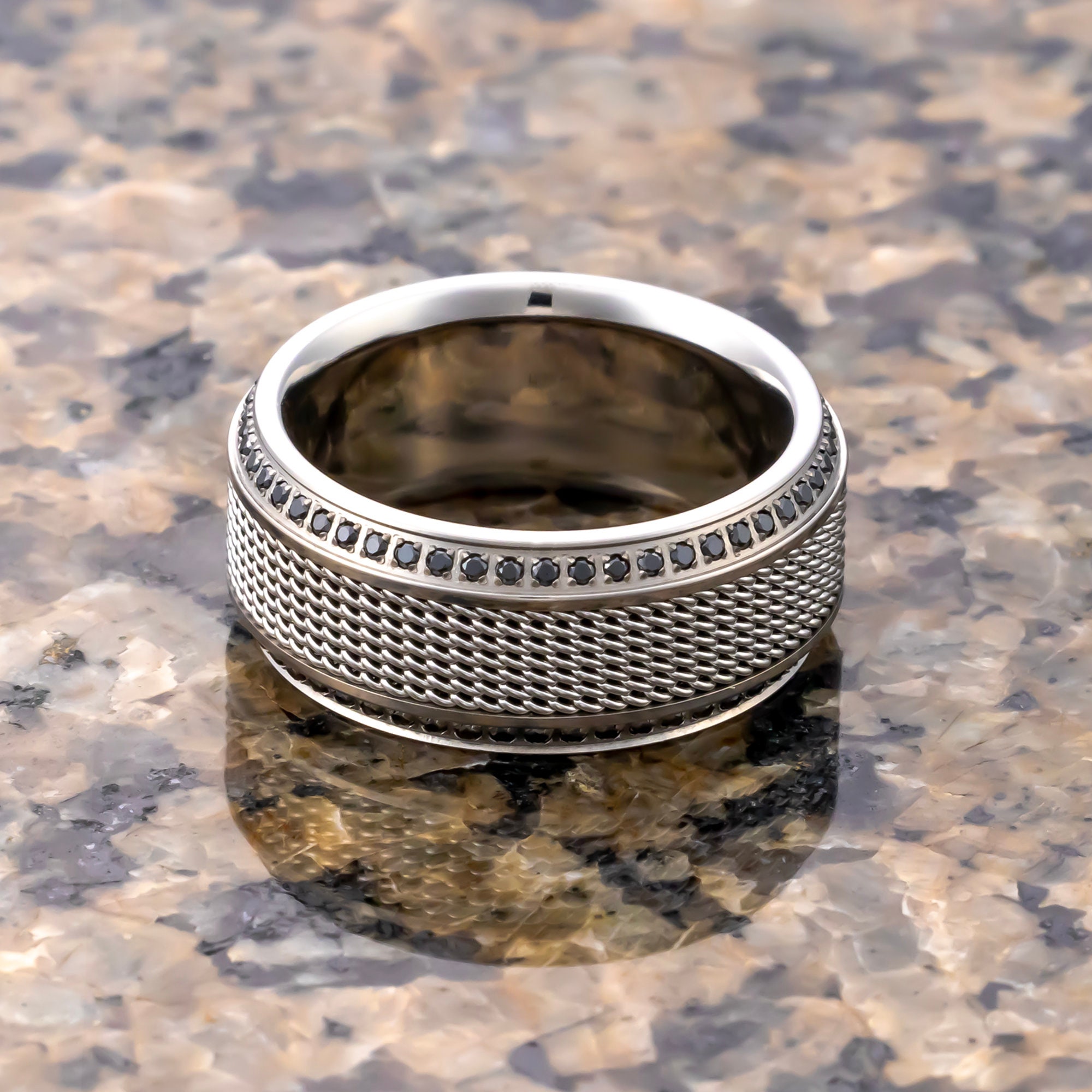 GAUNTLET Steel Chain Titanium Wedding Ring Polished Beveled Edges Set ...