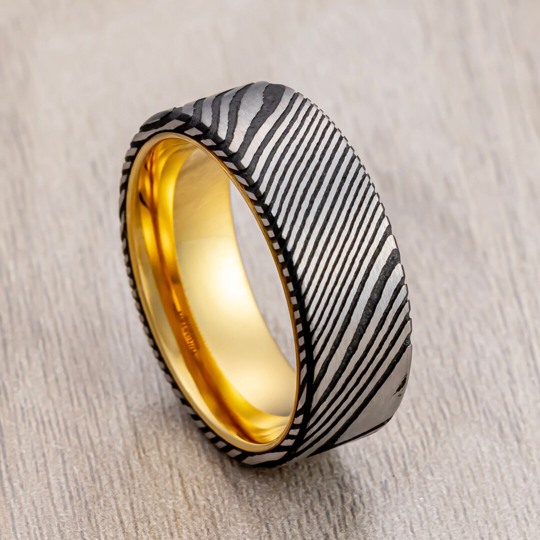 Men's Gold Damascus Steel Wedding Band Comfort Fit, Anniversary Ring ...