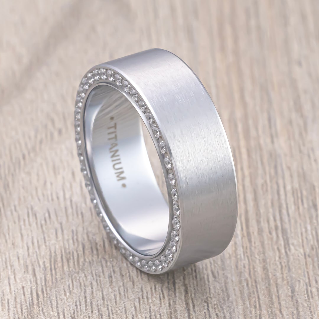 Silver Titanium Men's Wedding Band With White Diamonds on Both Sides ...