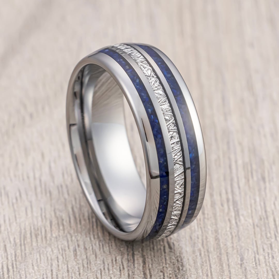 Men's Silver Tungsten Carbide Meteorite Ring, W/ Lapis Lazuli Inlay ...
