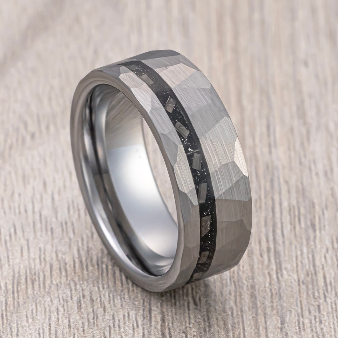 Silver Tungsten Carbide Hammered Band With off Center Black Meteorite ...