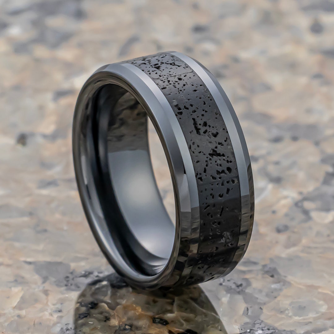Black Ceramic Wedding Band With Black Gray Lava Rock Stone Inlay, Men’s ...