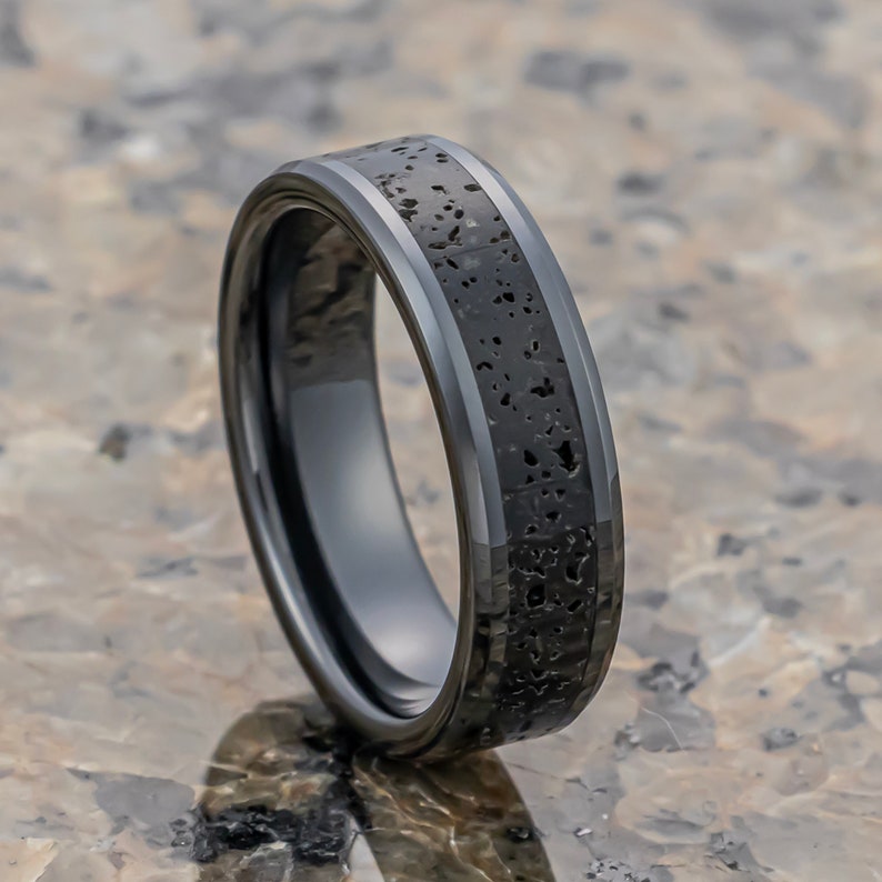 Black Ceramic Wedding Band With Black Gray Lava Rock Stone - Etsy