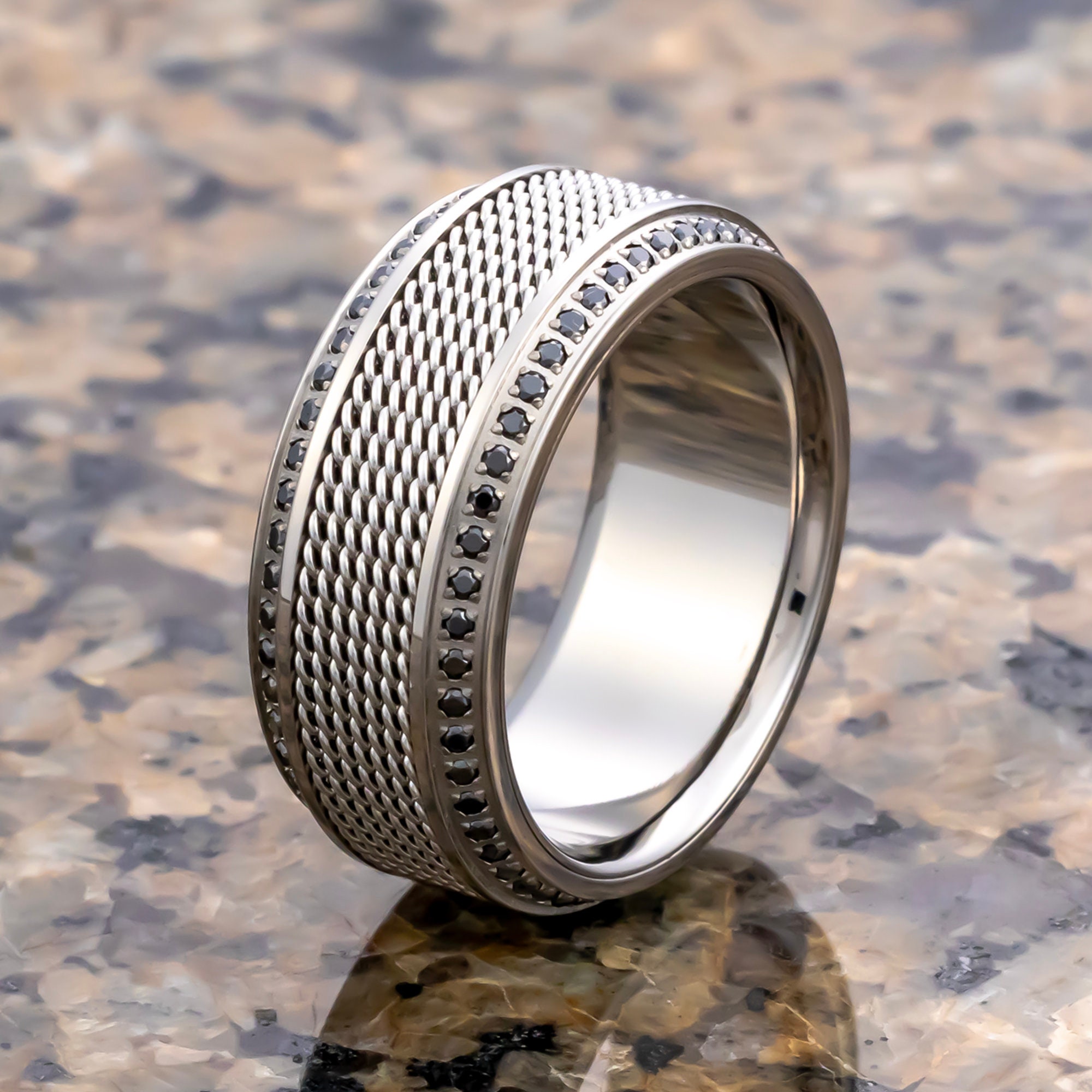 GAUNTLET Steel Chain Titanium Wedding Ring Polished Beveled Edges Set ...