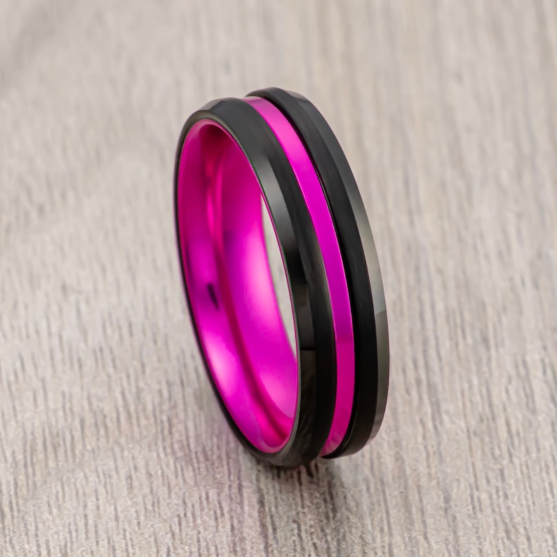 Tungsten Wedding Band, Pink and Black Brushed Finish, Wedding Band ...