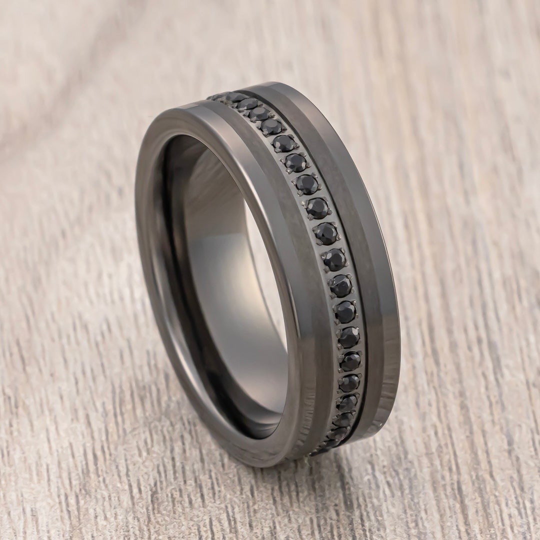 Men's Gunmetal Tungsten Wedding Band, CZ Diamond Ring, Comfort Fit Ring ...