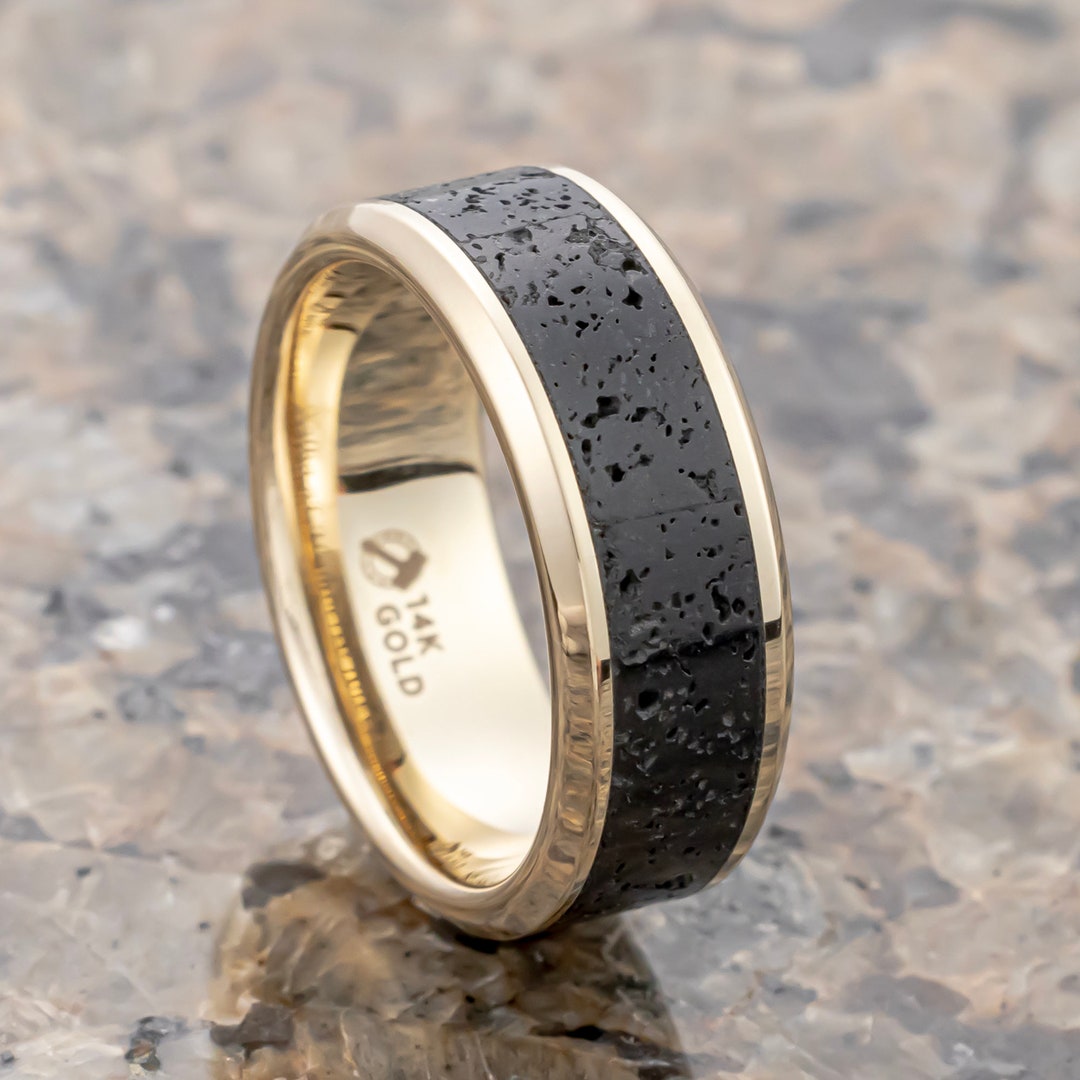 HYPERION 14K Yellow Gold Wedding Band, Lava Rock Inlaid Polished ...