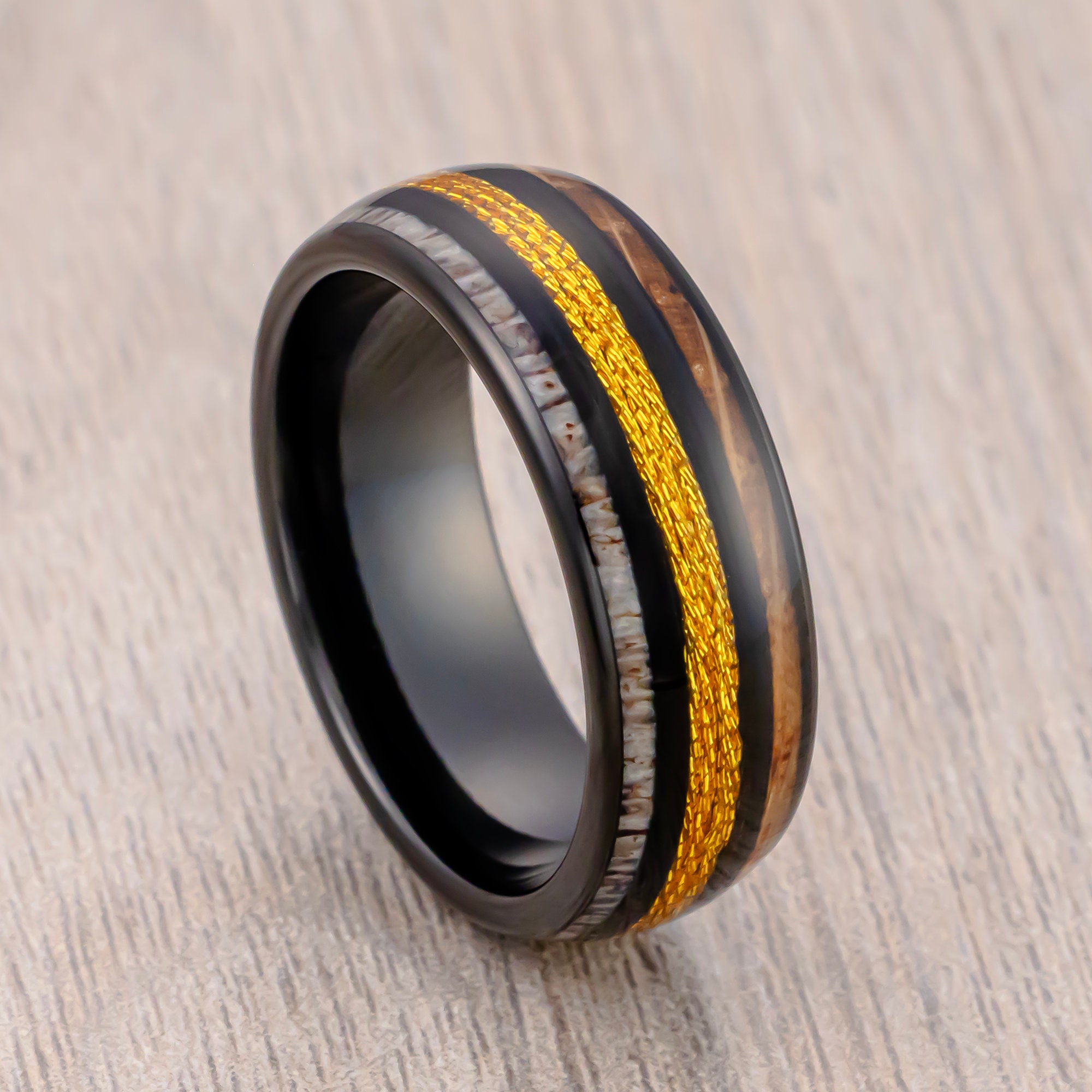 Black Tungsten Dome Ring, Gold Fishing Line With Whiskey Barrel Oak ...