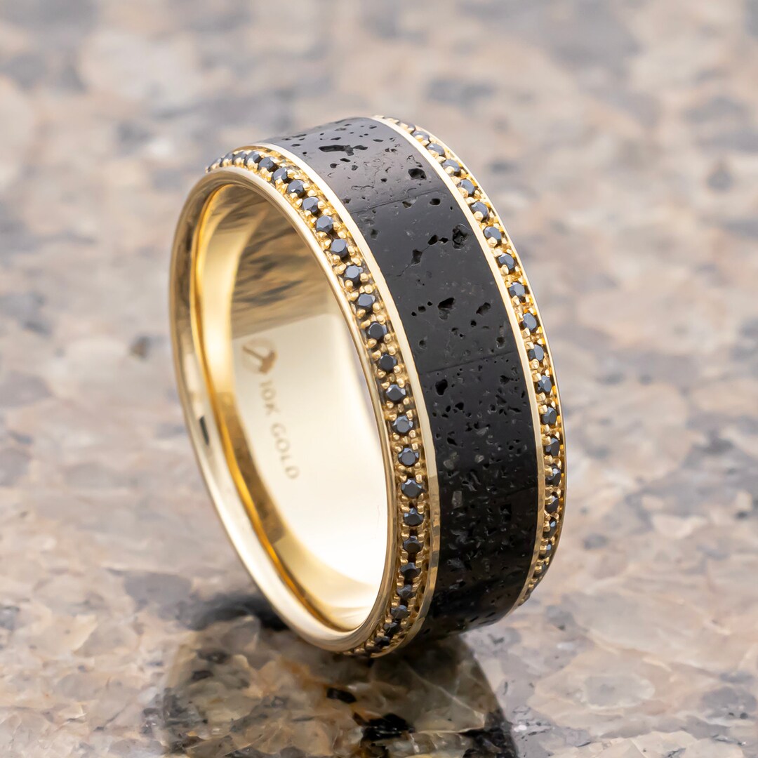 HYPERION 10K Yellow Gold Wedding Band, Lava Rock Inlaid Polished ...