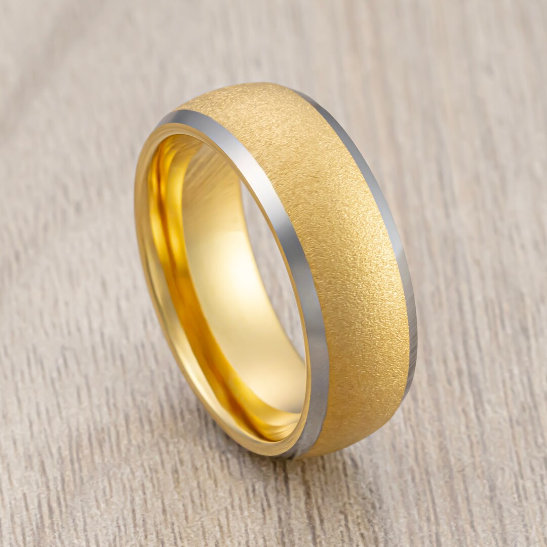 Mens Gold Tungsten Wedding Band, Sandblast Polished Edges, Men’s ...