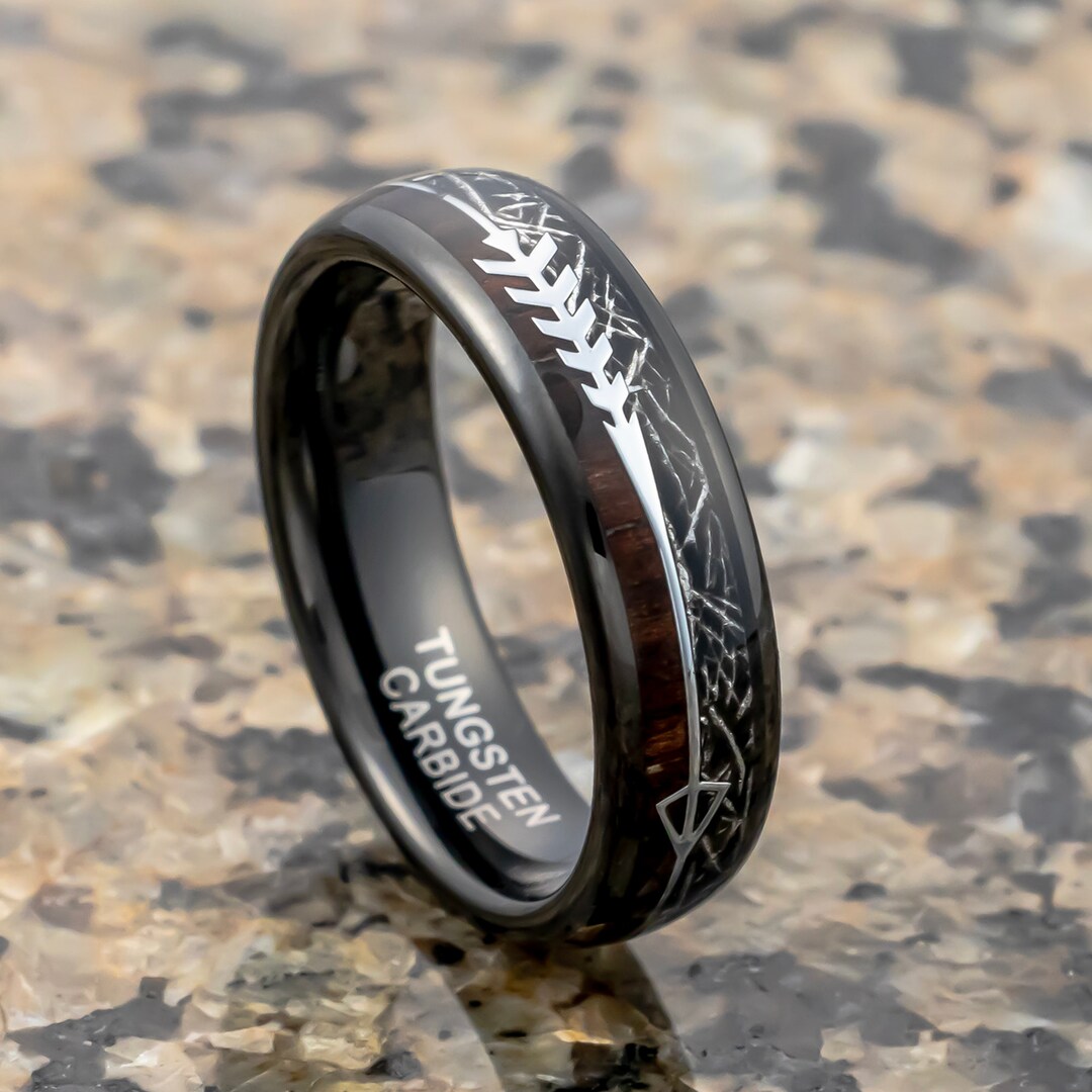 Black Tungsten Carbide Wedding Band, Arrow Koa Wood Meteorite Inlay ...