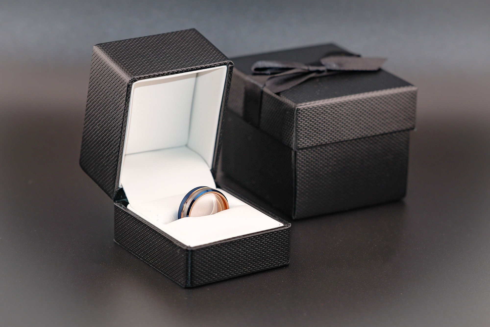 Black Tungsten Dome Ring, Gold Fishing Line With Whiskey Barrel Oak ...