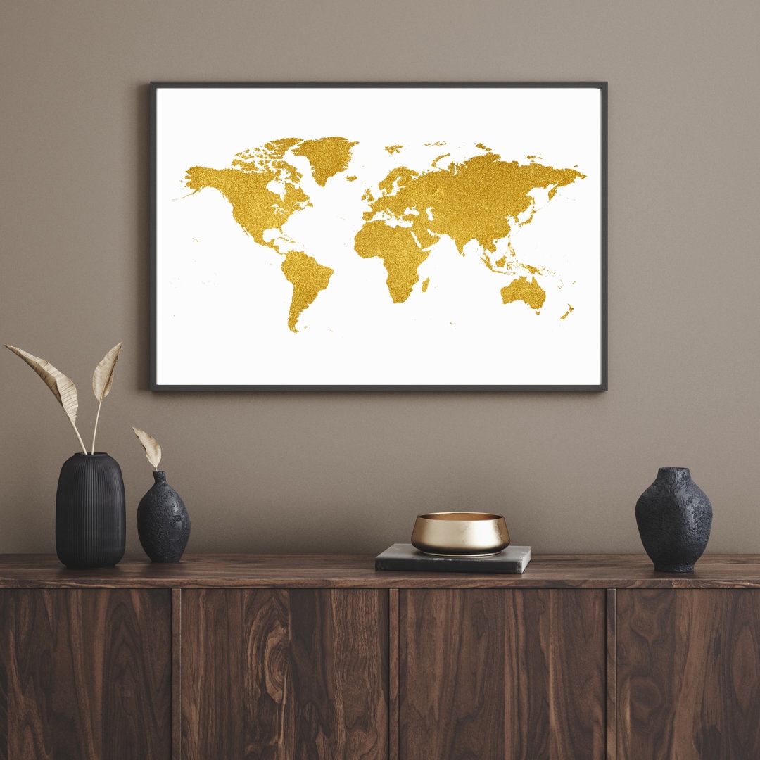 World Map Gold: Printable World Map, Abstract World Map Wall Art, Gold ...