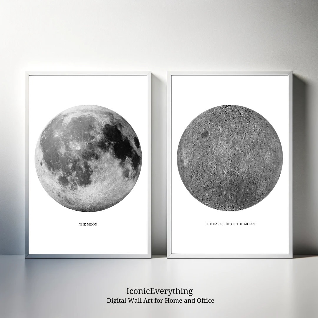 Grey Moon and Its Dark Side, Double Astronomy Poster Grey, Moon Poster ...