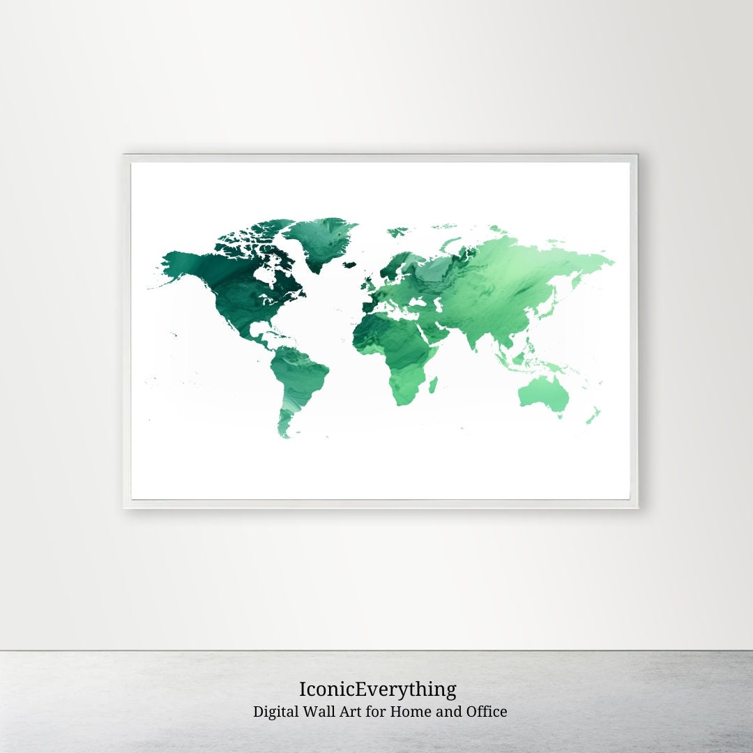 World Map Green: Printable World Map, Abstract World Map Wall Art ...