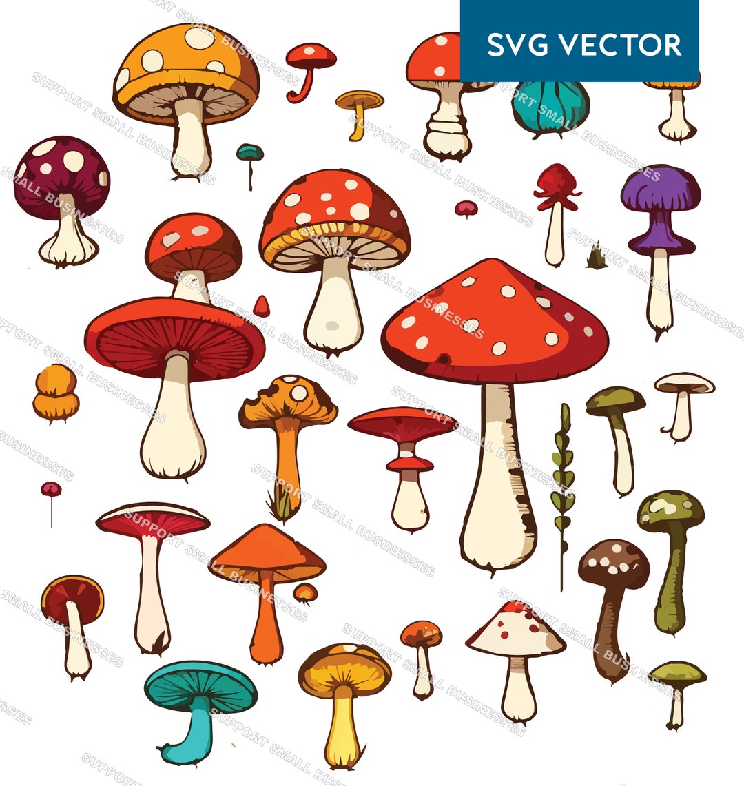 Mushroom Variety Art SVG Vector File for Download Color and Black and ...
