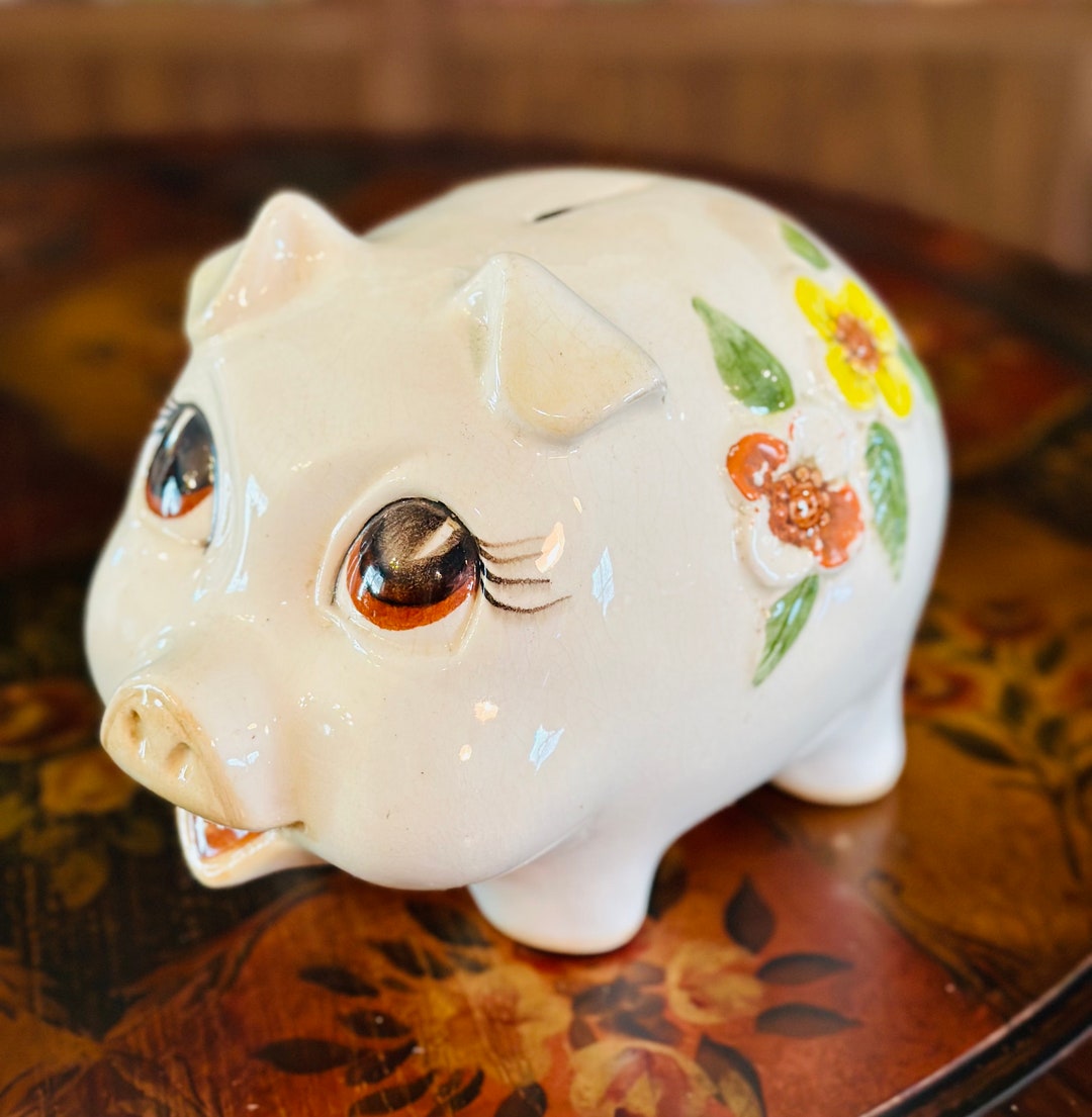 Large Lefton Piggy Bank Flowers Vintage - Etsy