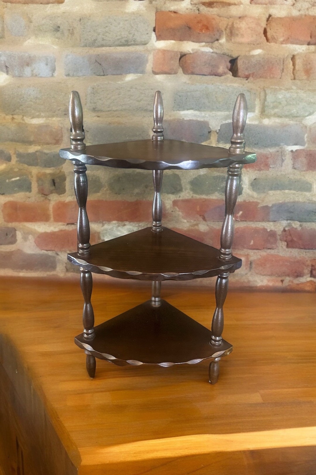 MCM Knick Knack 3 Tier Solid Wood Spindle Corner Wall Mounted Shelf ...