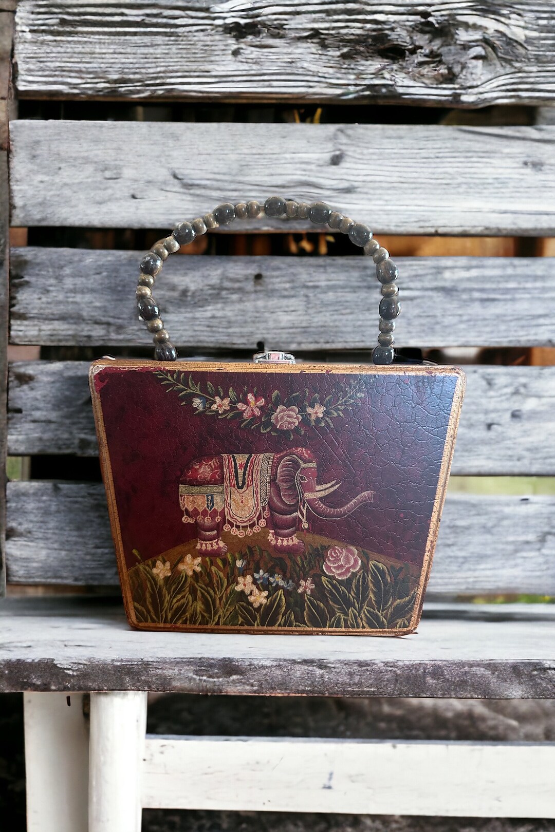 KMQ Collections Wood Upright Handbag Bead Handle Mirror Elephant ...