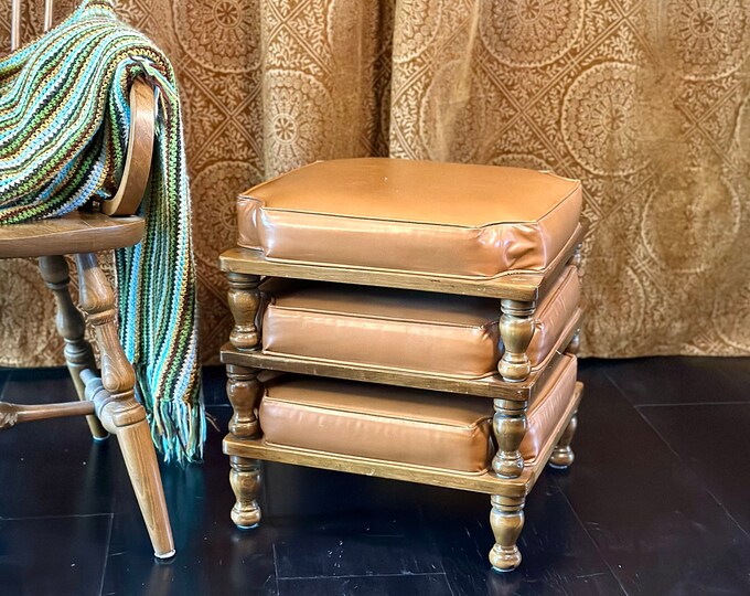 1960s Mid Century Ethan Allen Maple and Vinyl Stacking Footstools Set ...