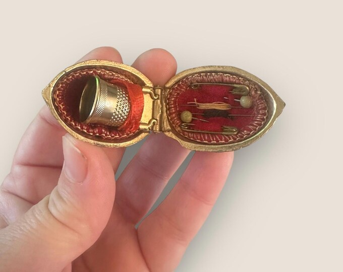RARE Vintage/antique Gold-brass Tone Walnut Shaped Thimble Sewing Case ...
