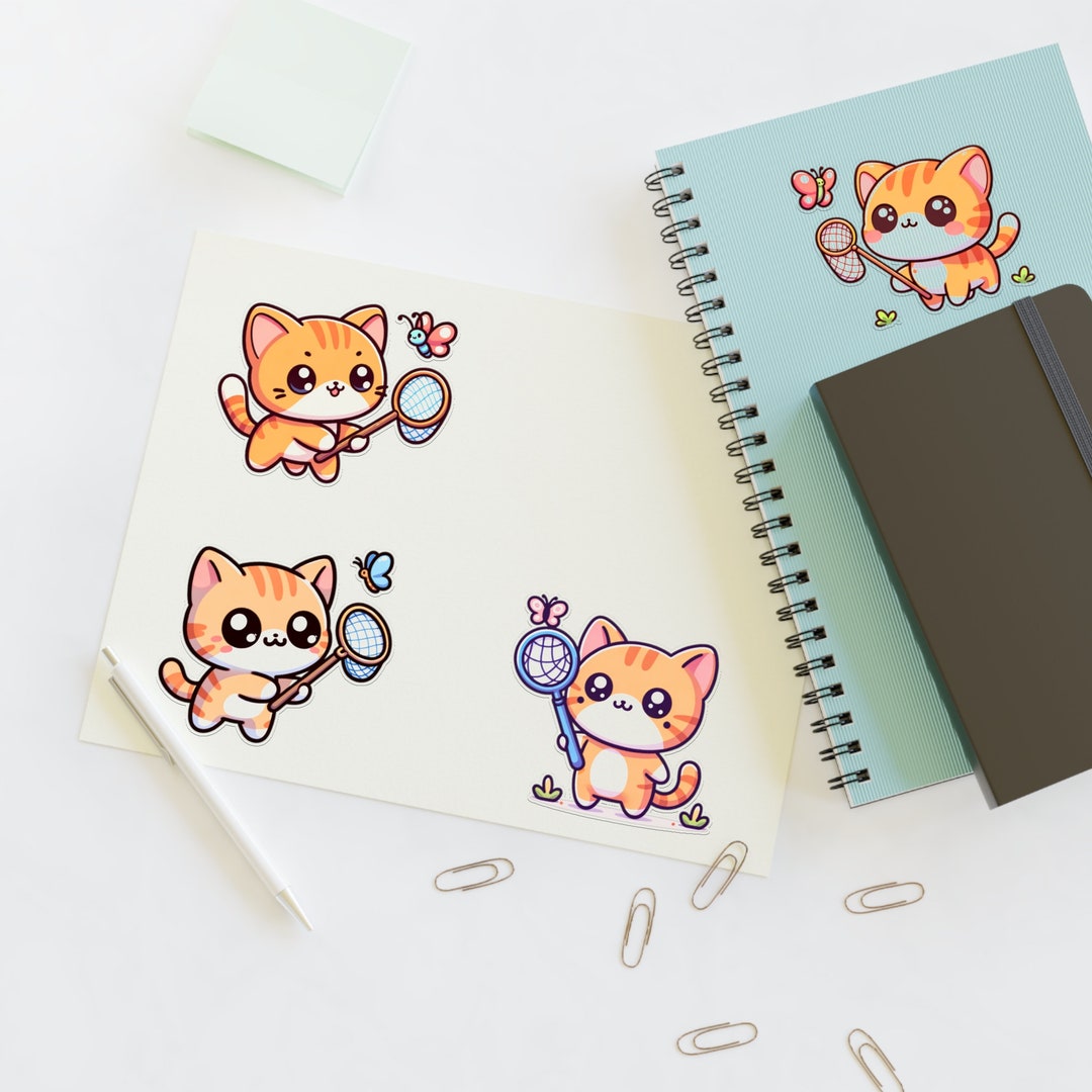 Orange Tabby Cat Sticker Sheet, Kitty Trying to Catch a Butterfly, for ...