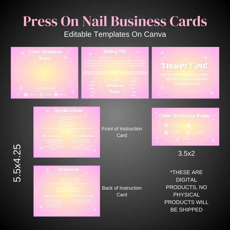 Cute Gradient Customizable Press on Nail Packaging Cards Editable Canva ...