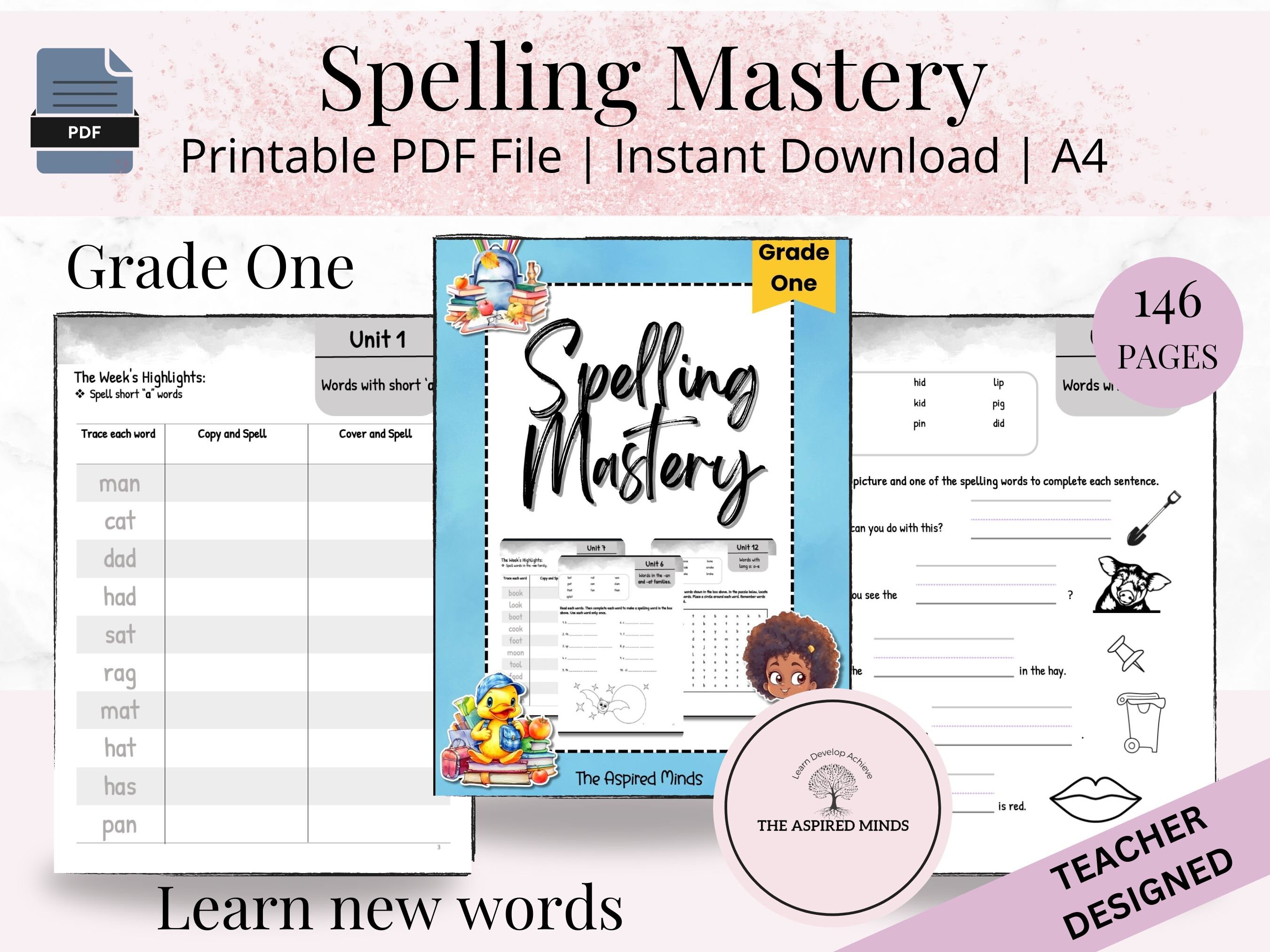 Spelling Mastery Workbook, Grade 1 Spelling Printable, Look Cover Write ...