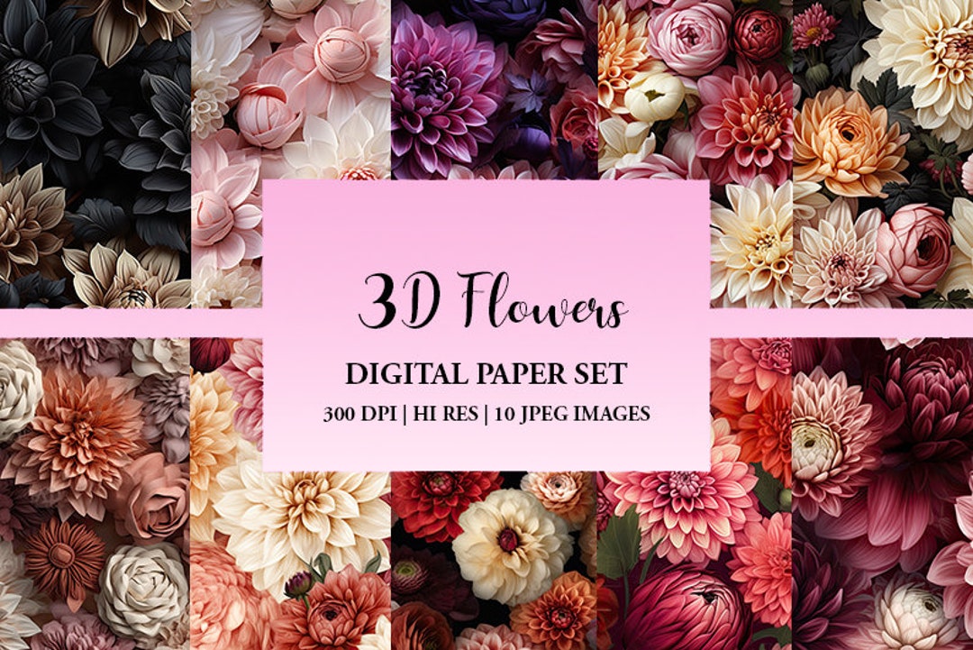 3D Flowers Digital Paper Set, Seamless Textures, Printable, Commercial ...