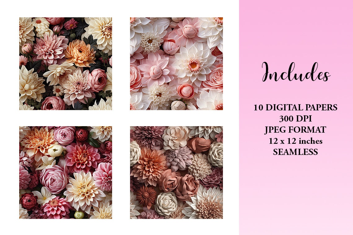 3D Flowers Digital Paper Set, Seamless Textures, Printable, Commercial ...