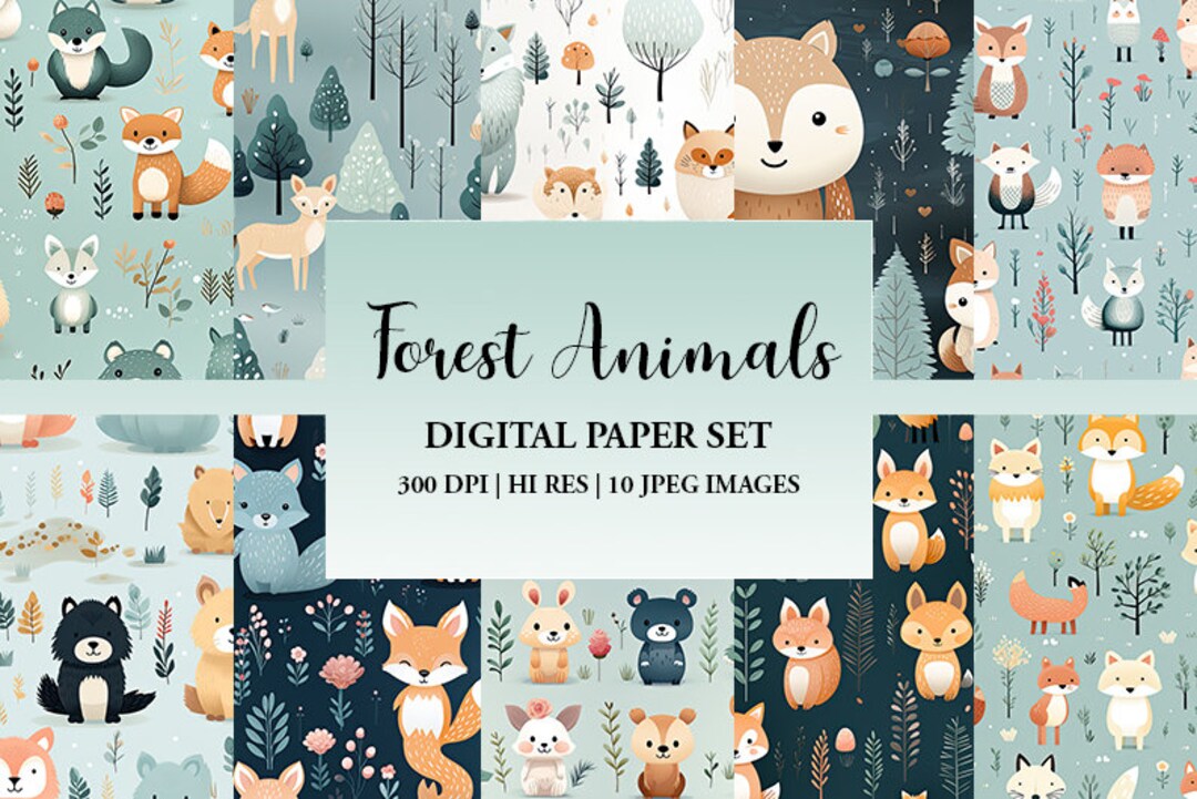 Forest Animals Digital Paper Set, Seamless Textures, Printable ...