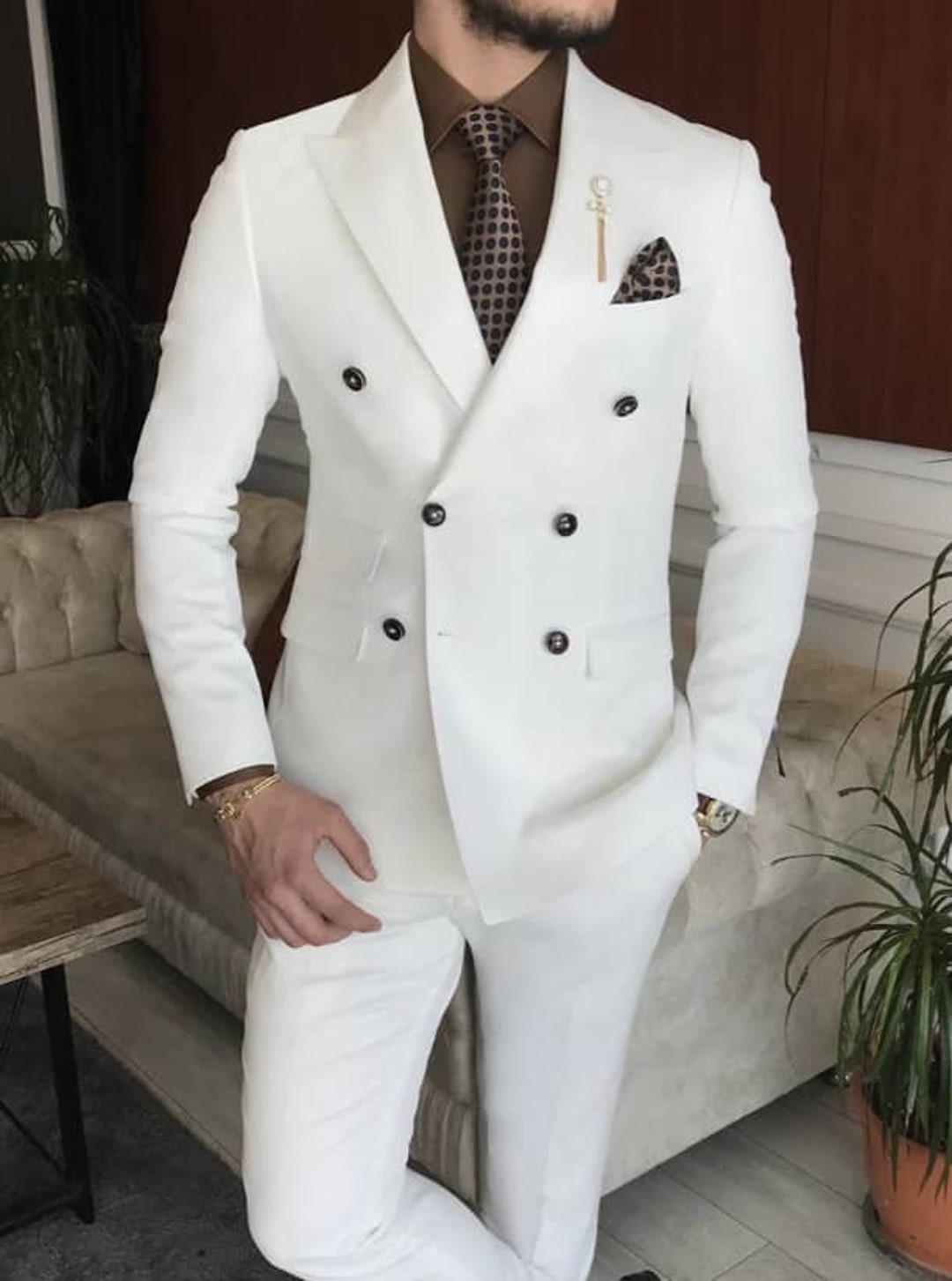 White 2 Pieces Double Breasted Suit,white Double Breasted Mens Suit ...